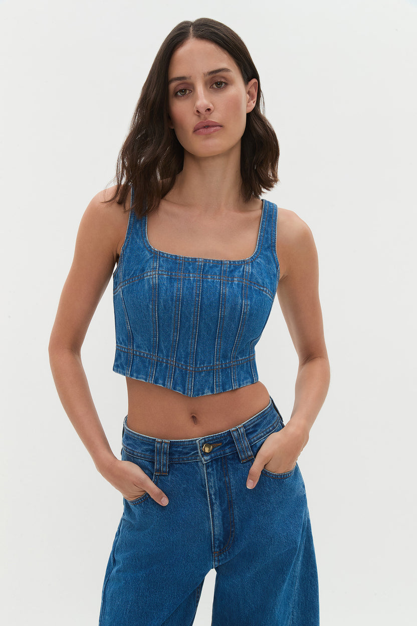 Rainer Denim Longline Bustier | Mid Wash Blue | Aje – Aje AU