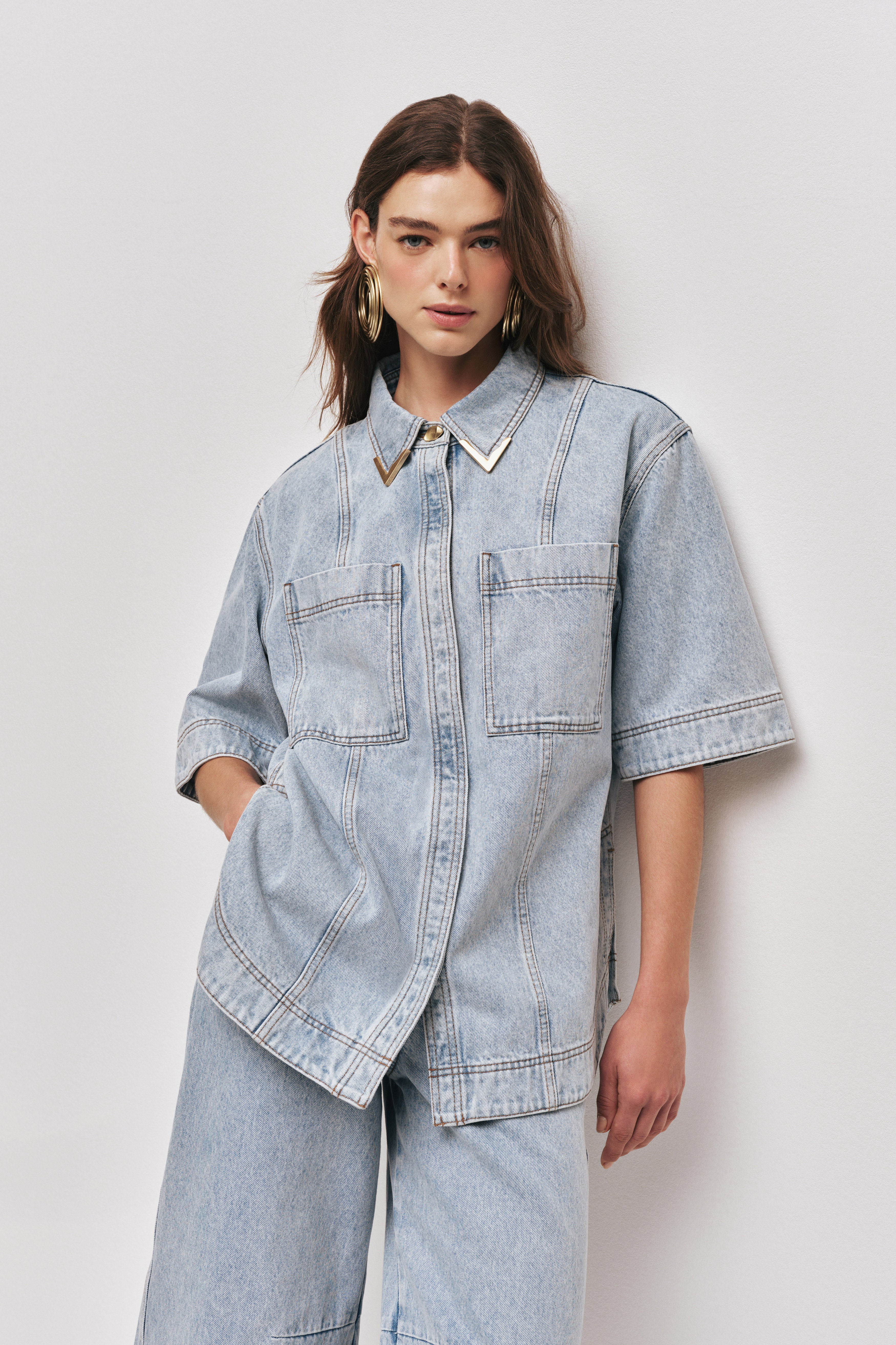 Amie Denim Short Sleeve Shirt | Light Wash Blue | Aje – Aje AU
